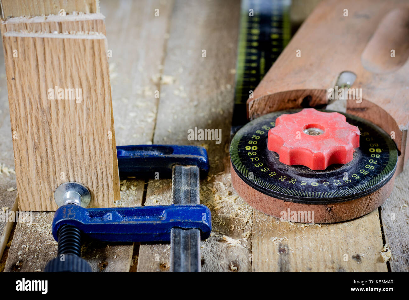 Old good carpentry, tools drill bit. Wooden carpentry table and old ...