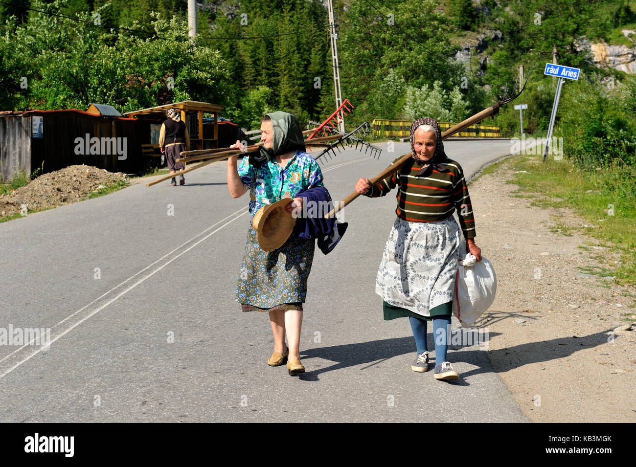 Two women go with agricultural equipment on the road hi-res stock ...