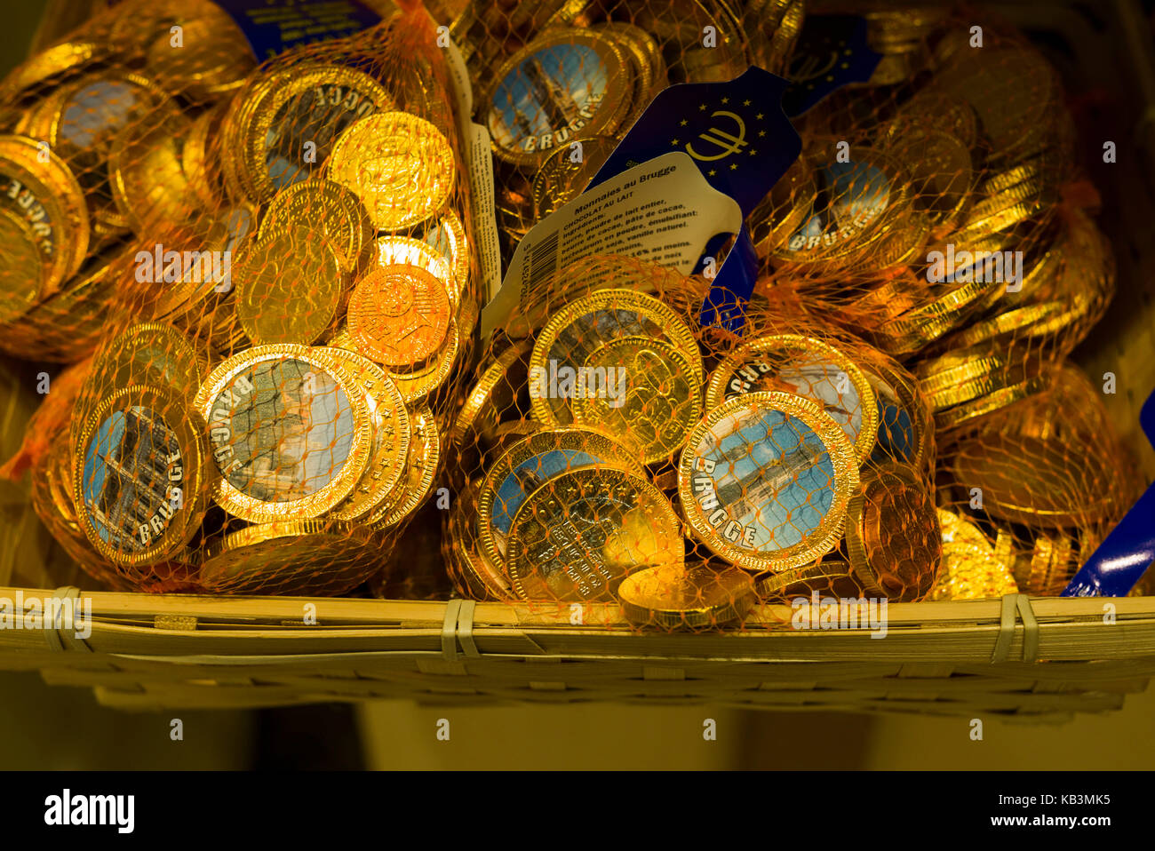 Belgium, Bruges, Belgian Chocolates shop, chocolate coins Stock Photo ...