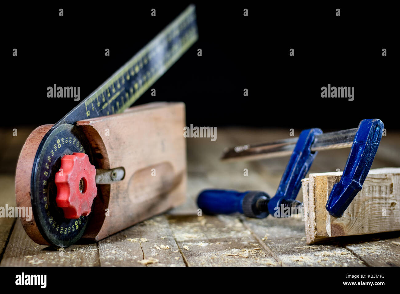 Old good carpentry, tools drill bit. Wooden carpentry table and old ...