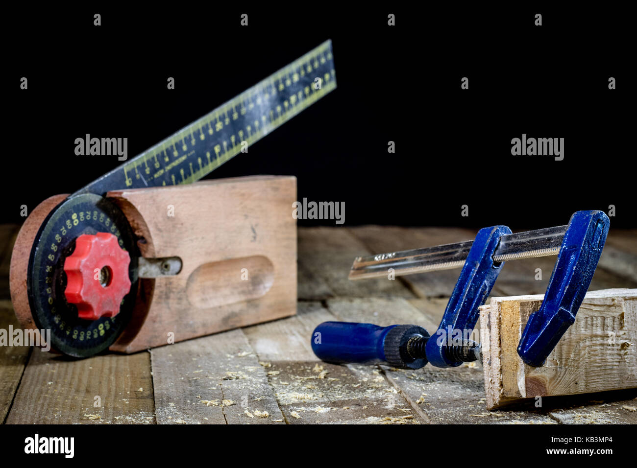 Old good carpentry, tools drill bit. Wooden carpentry table and old ...