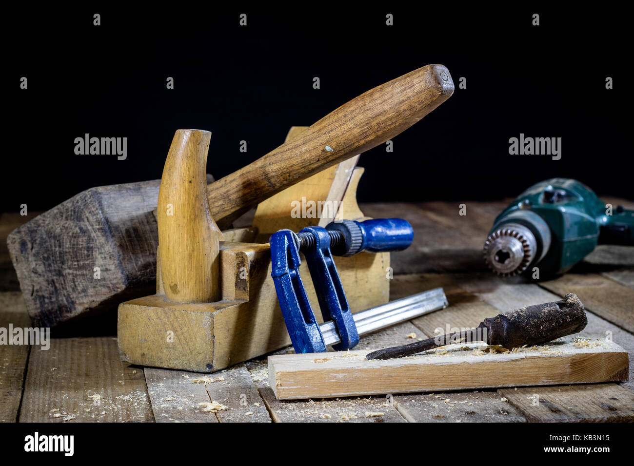 Old good carpentry, tools drill bit. Wooden carpentry table and old ...