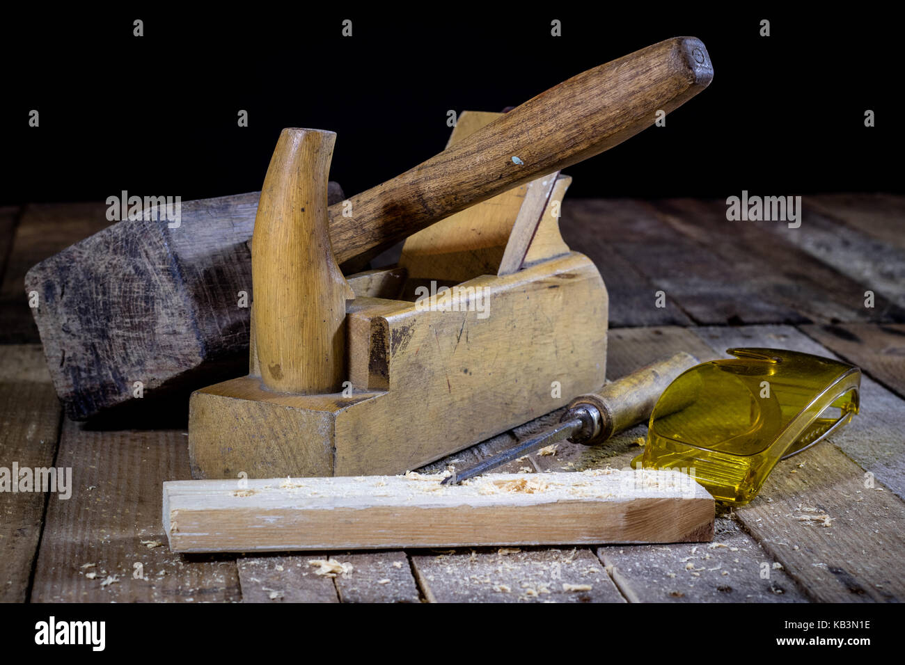 Old good carpentry, tools drill bit. Wooden carpentry table and old ...