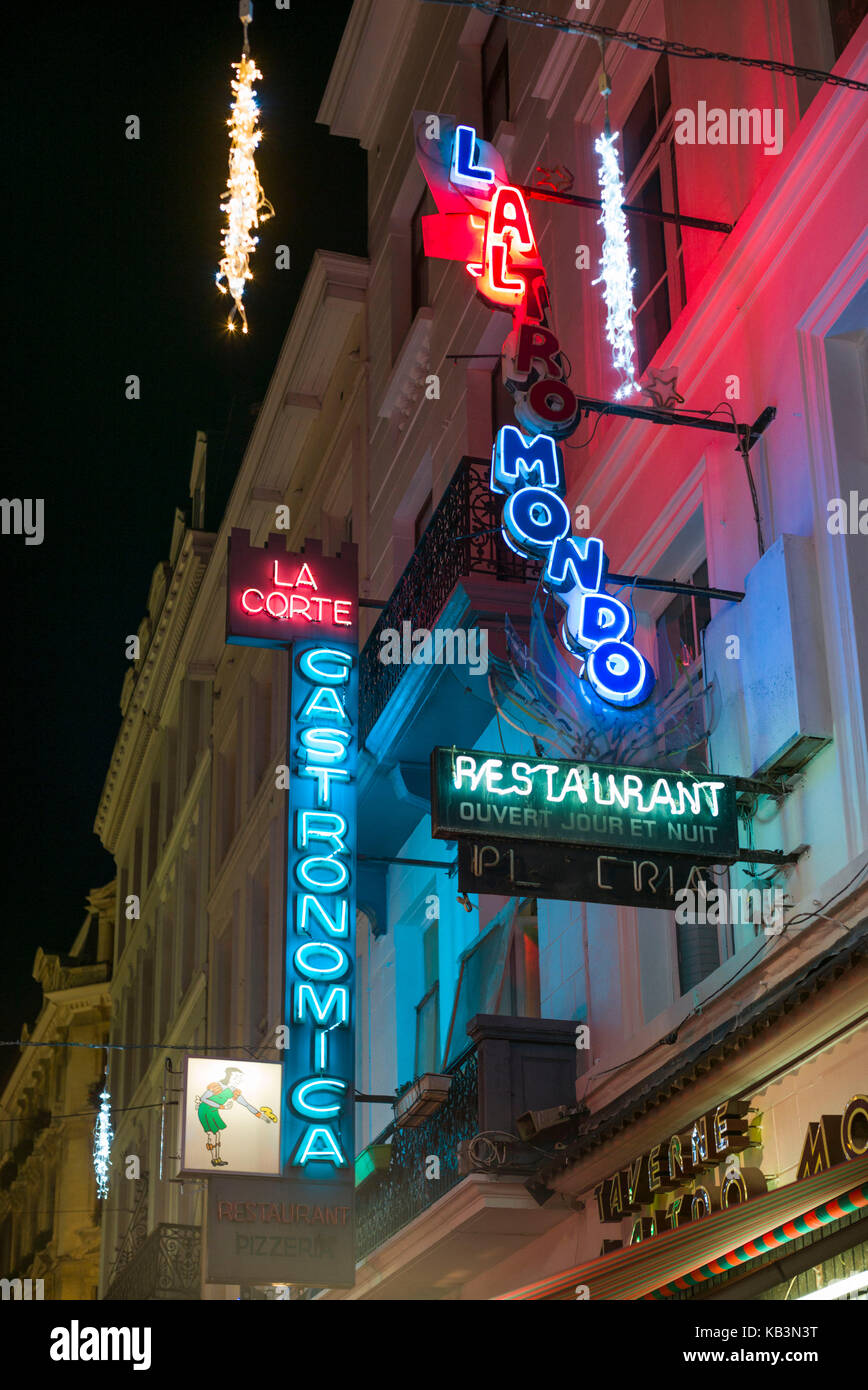 Belgium, Brussels, Rue des Bouchers, restaurant street, neon signs ...