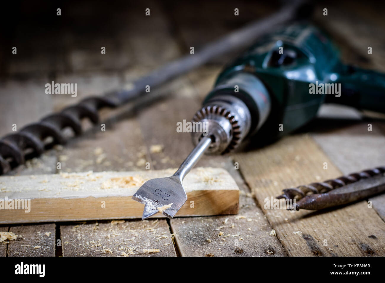 Old good carpentry, tools drill bit. Wooden carpentry table and old ...