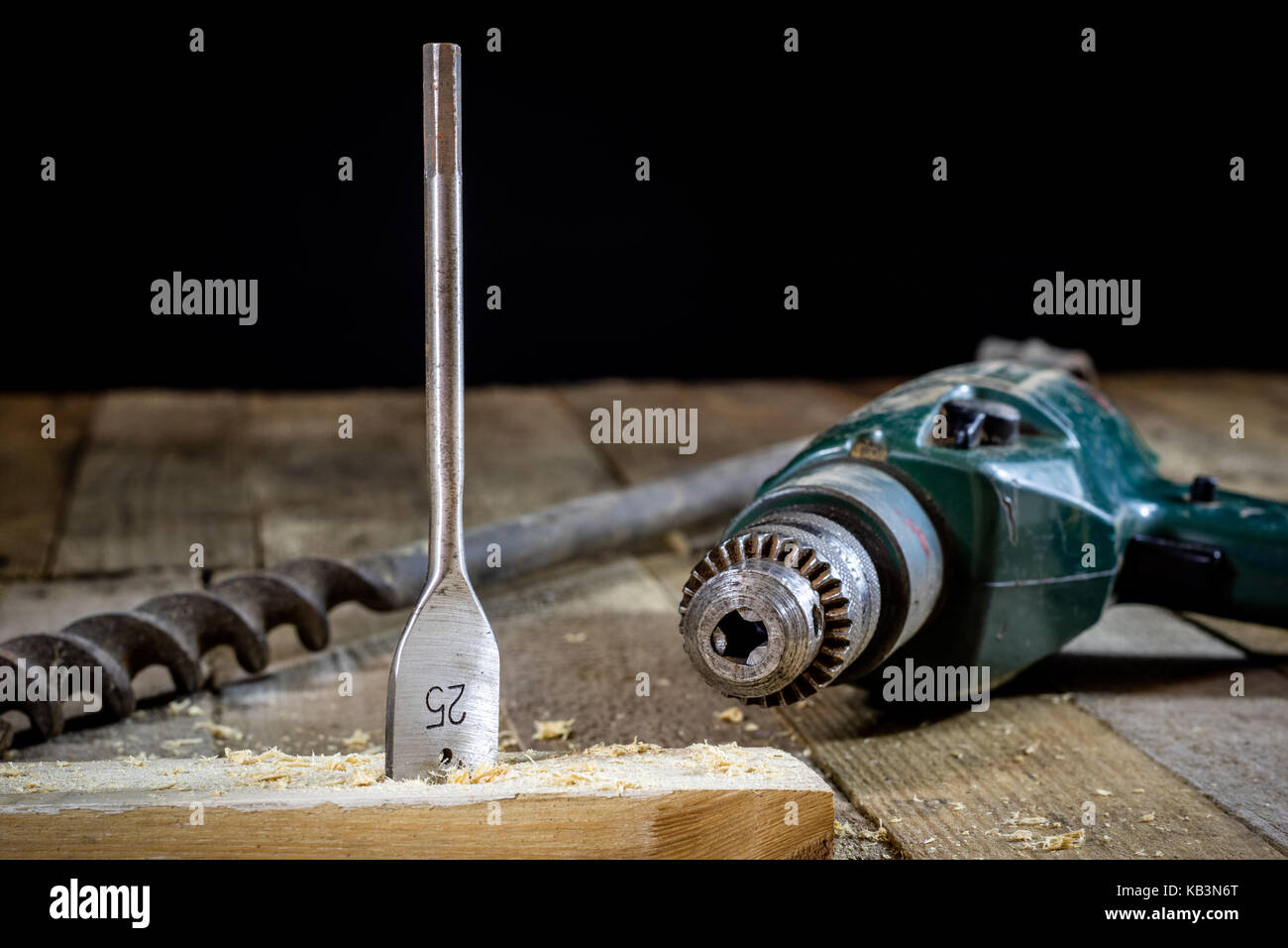 Old good carpentry, tools drill bit. Wooden carpentry table and old ...