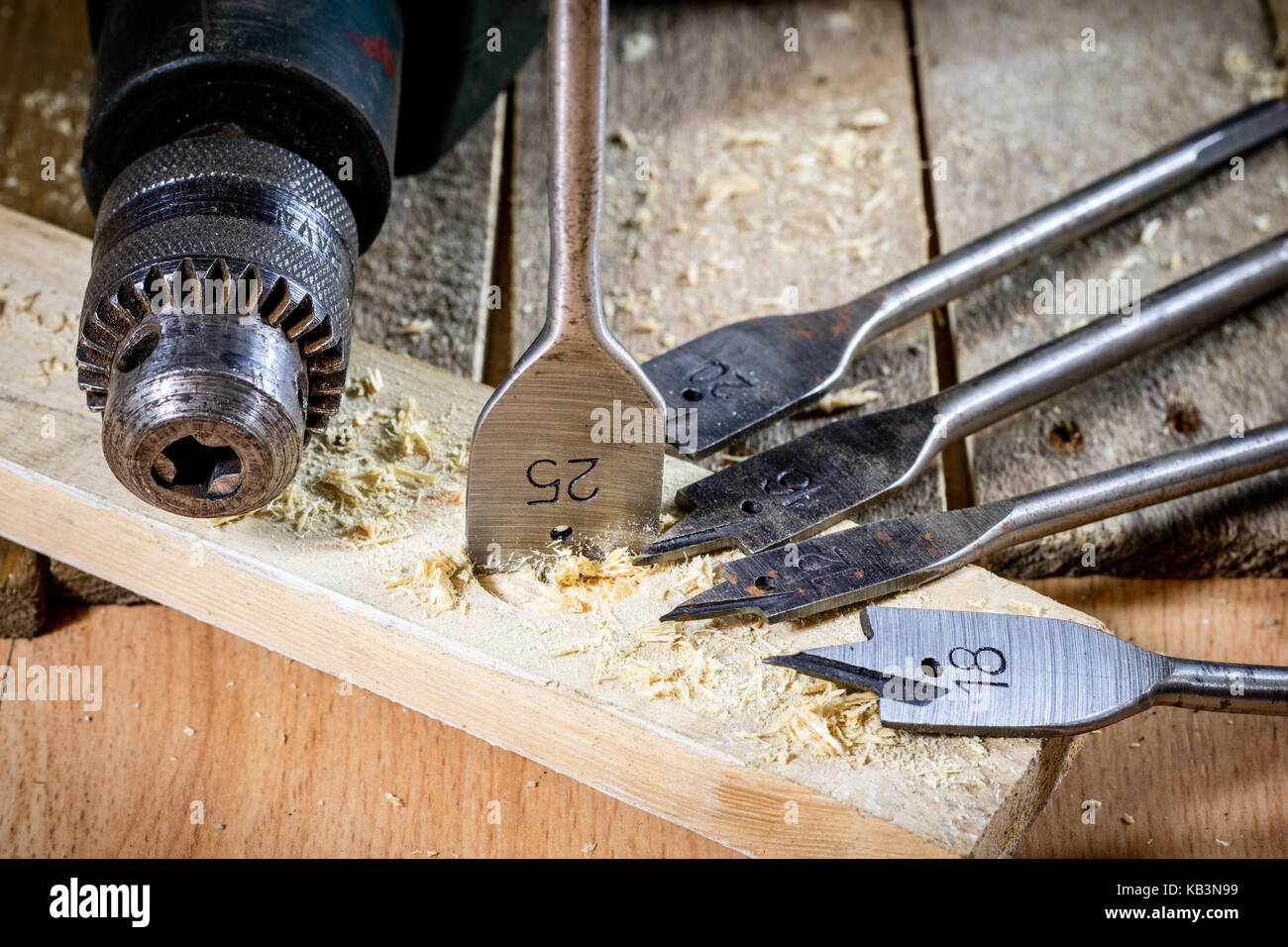 Old good carpentry, tools drill bit. Wooden carpentry table and old ...