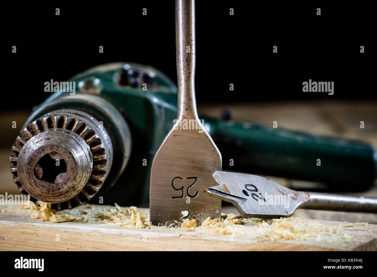 Old good carpentry, tools drill bit. Wooden carpentry table and old ...