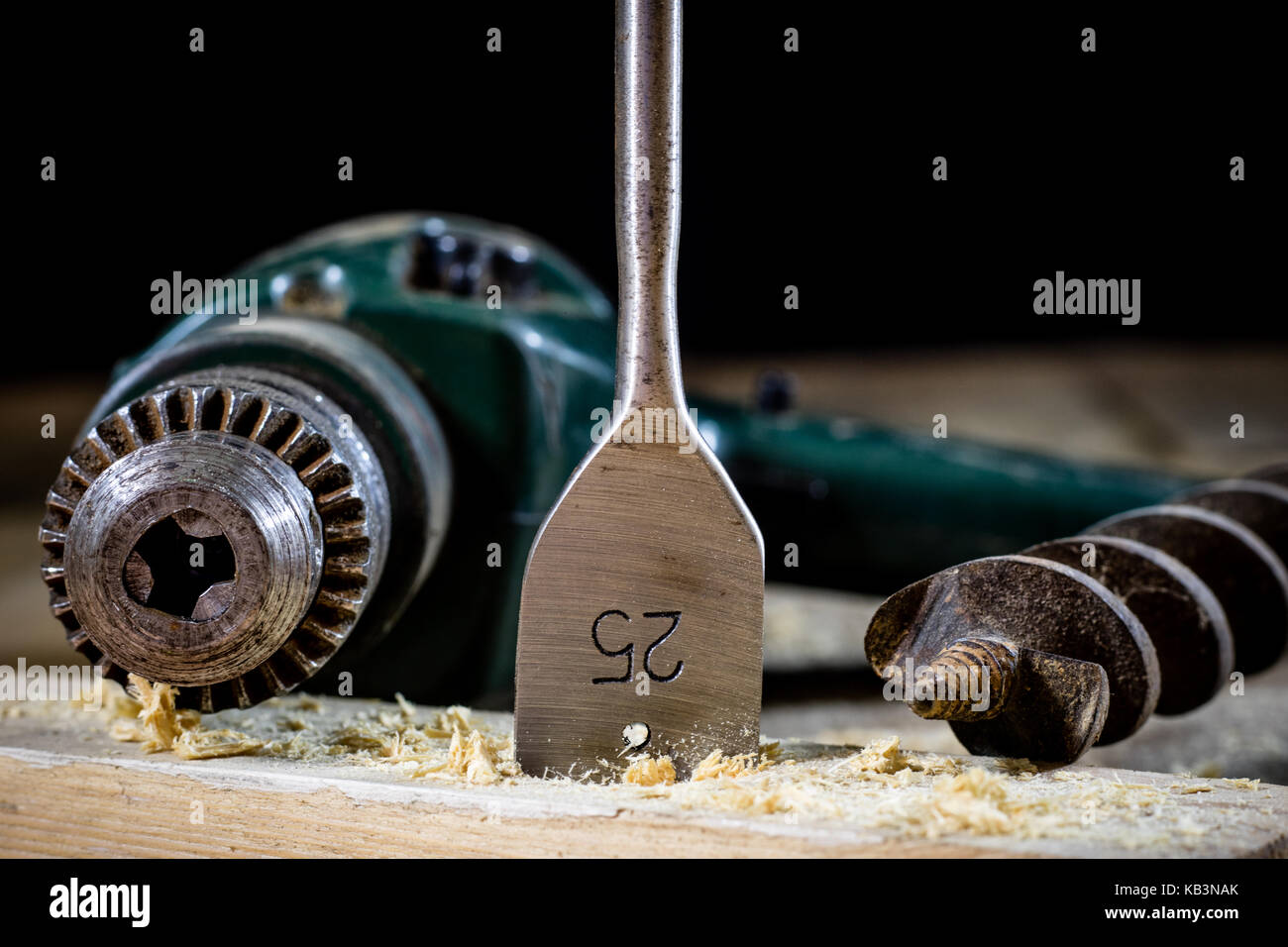 Old good carpentry, tools drill bit. Wooden carpentry table and old ...