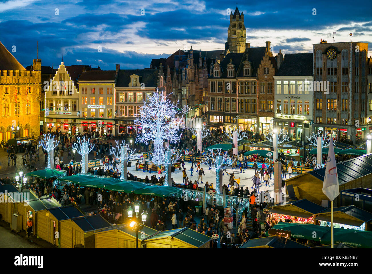Elevated view of main square buildings winter ice skating rink hi-res ...