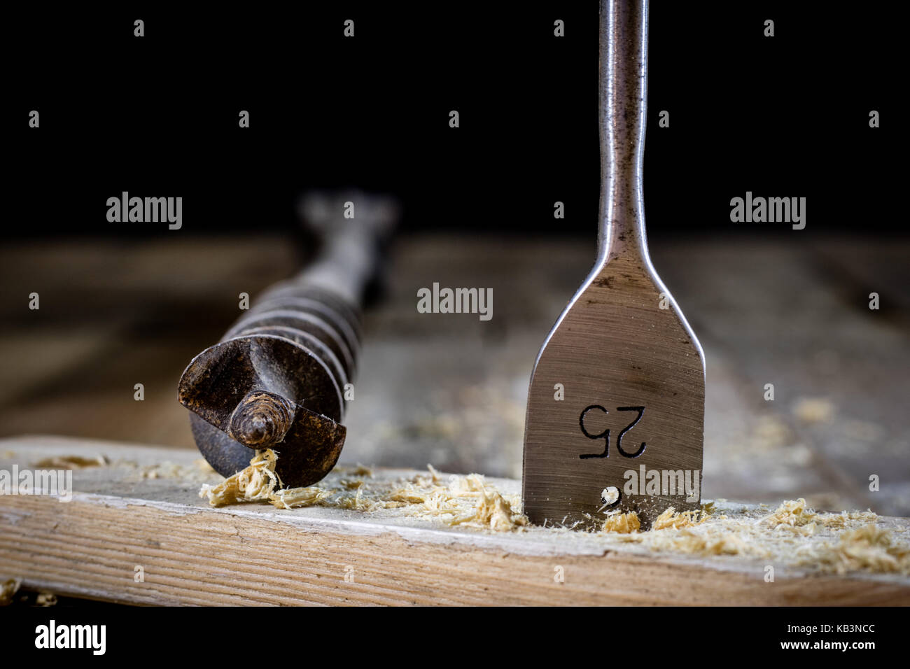 Old good carpentry, tools drill bit. Wooden carpentry table and old ...