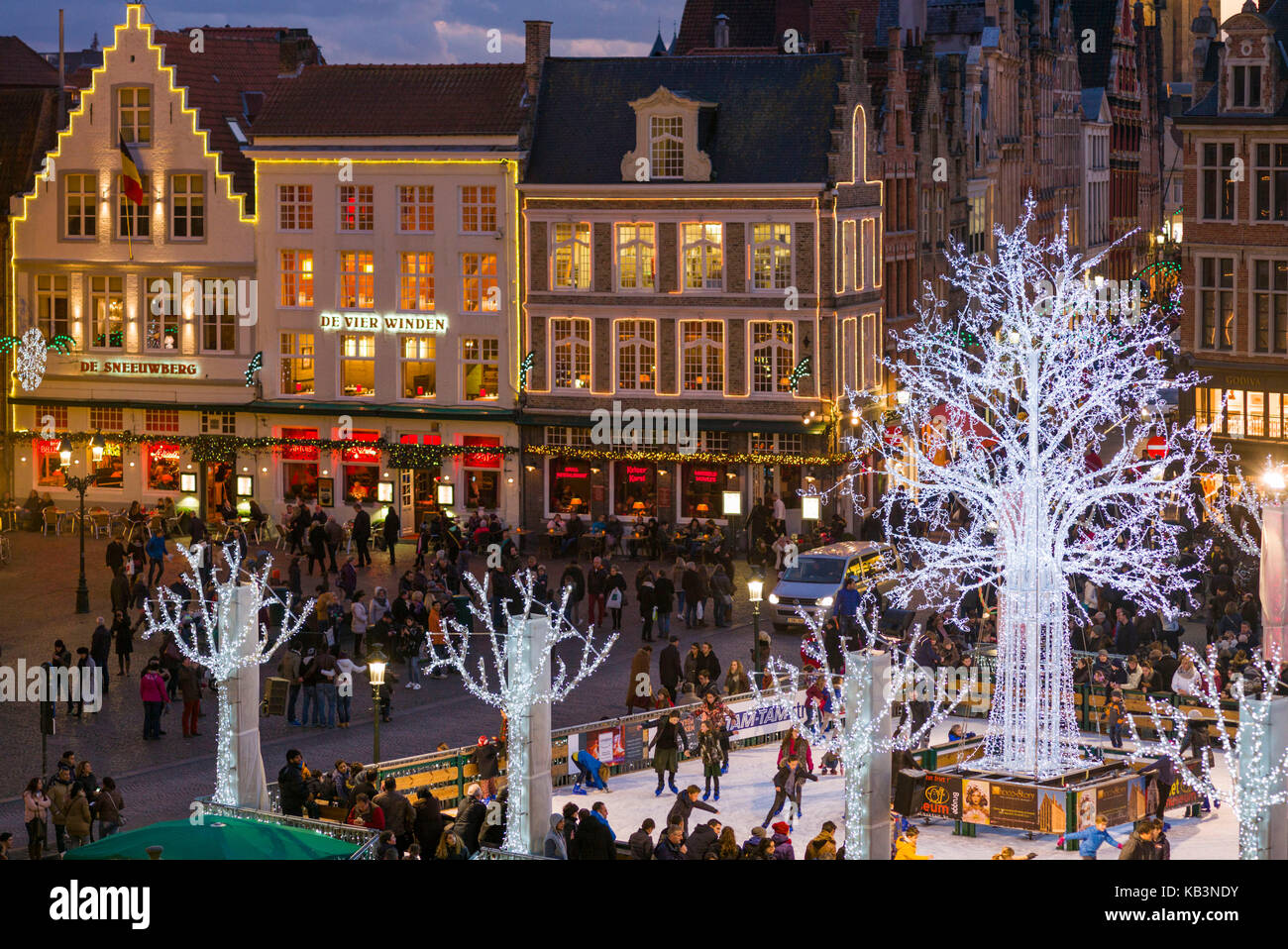 Belgium, Bruges, The Markt, elevated view of main square buildings and ...