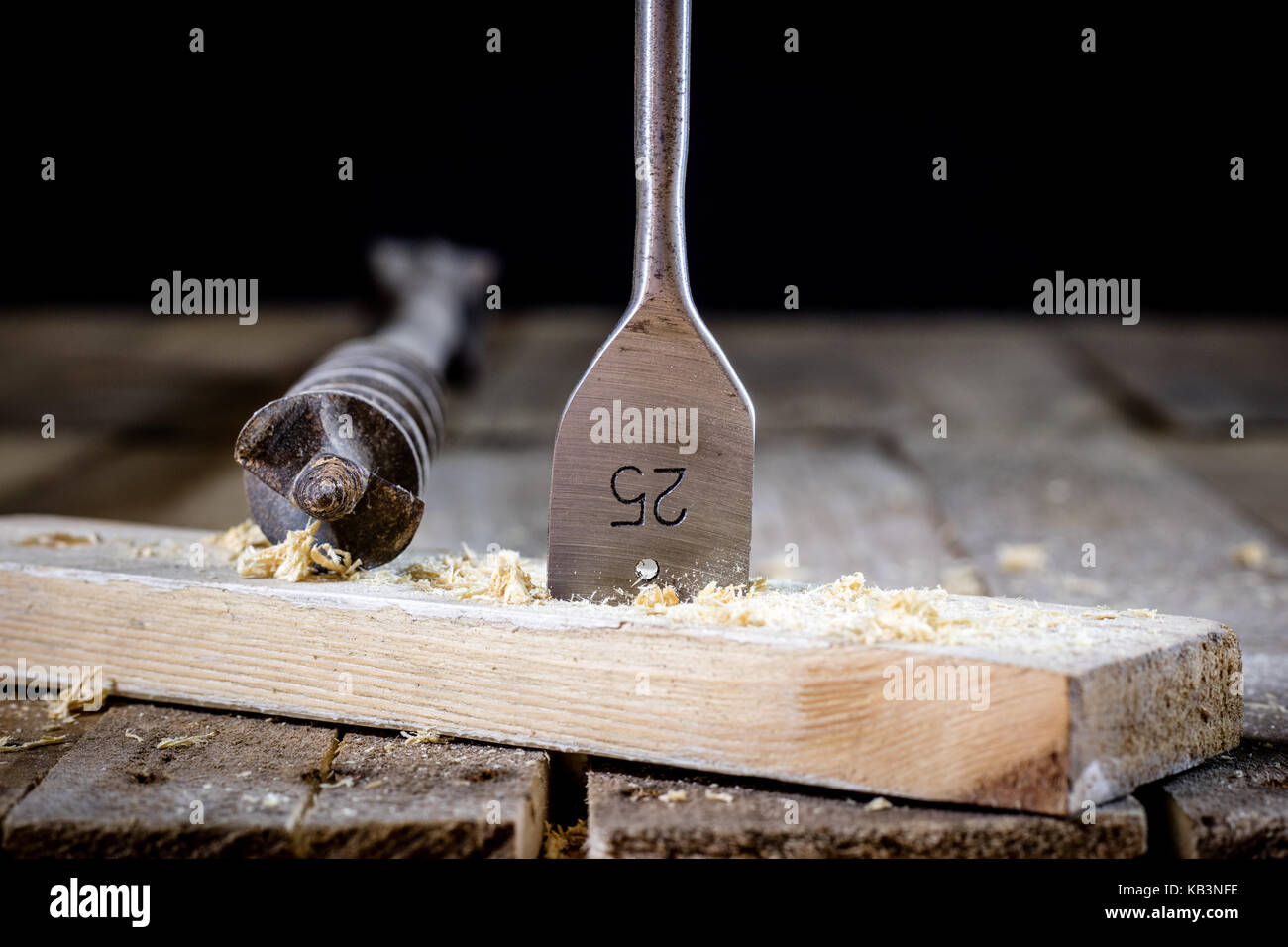Old good carpentry, tools drill bit. Wooden carpentry table and old ...