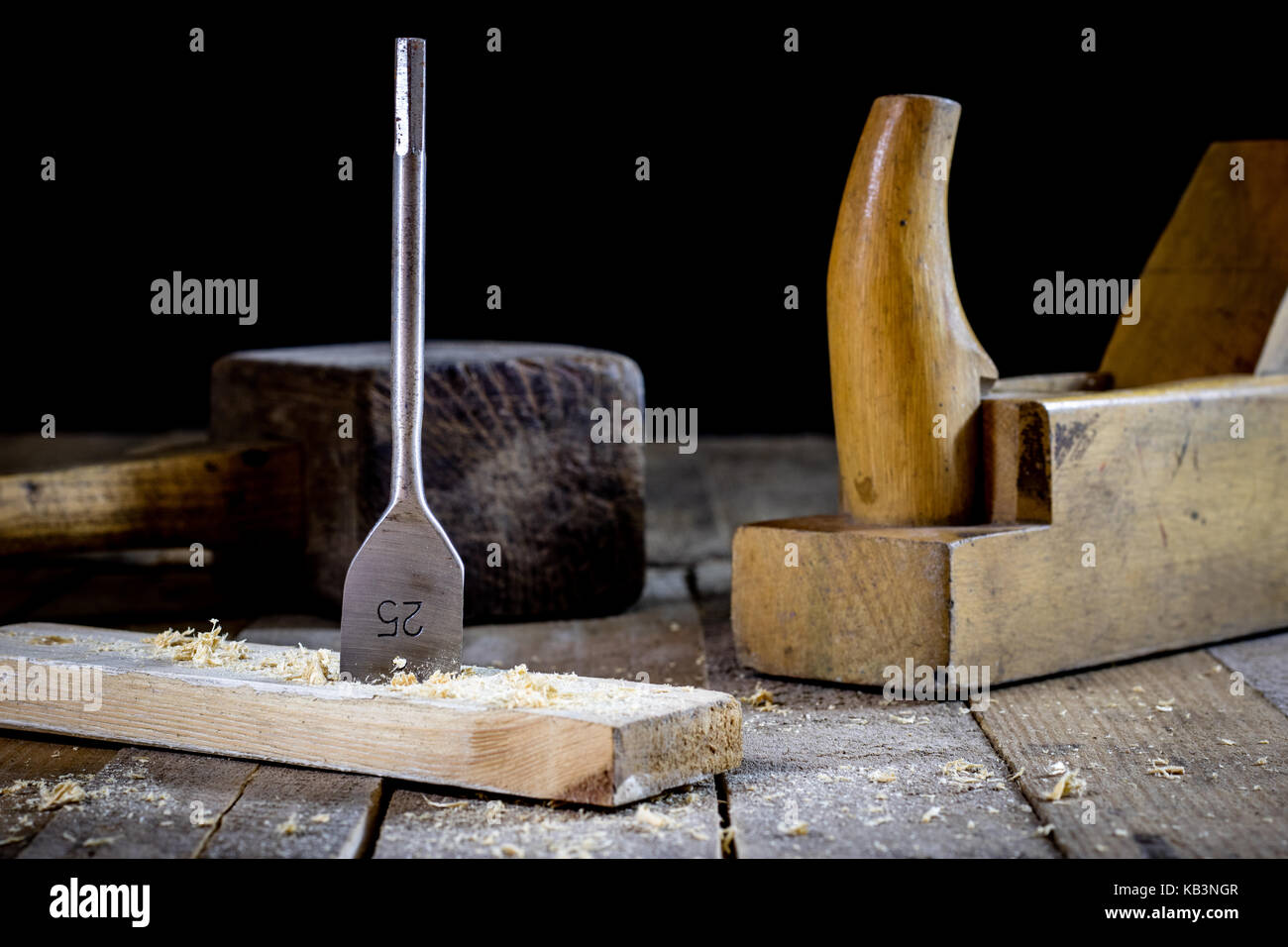 Old good carpentry, tools drill bit. Wooden carpentry table and old ...