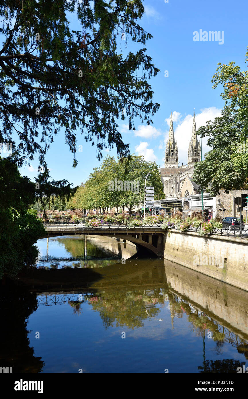 France, Finistere, Quimper, Odet river and Saint Corentin Cathedral ...