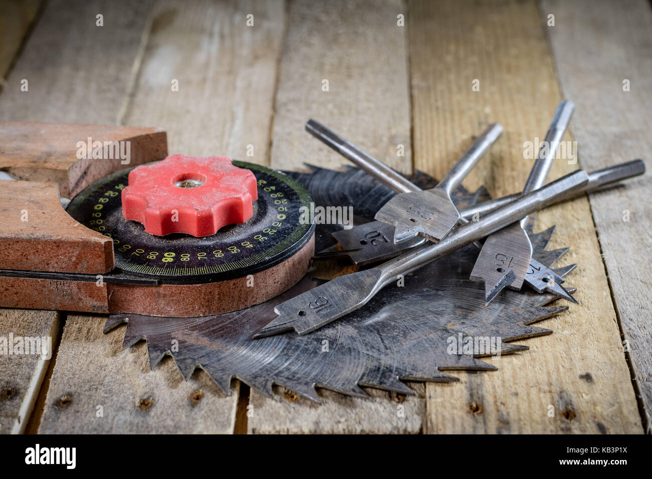 Old good carpentry, tools drill bit. Wooden carpentry table and old ...
