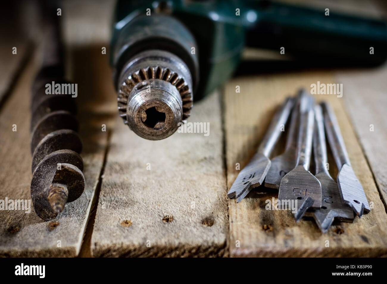 Old good carpentry, tools drill bit. Wooden carpentry table and old ...