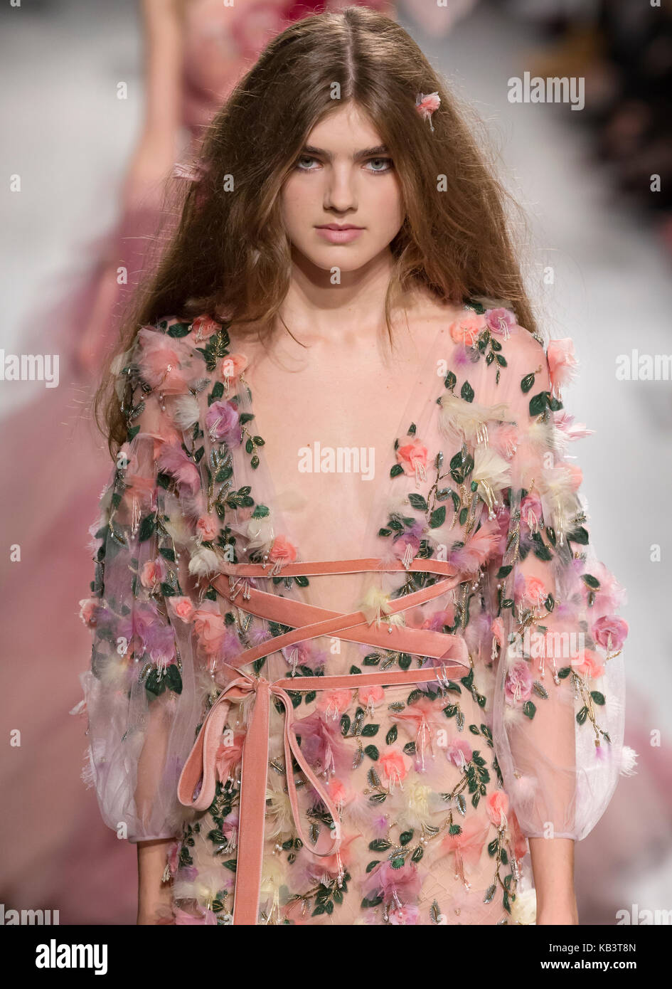 NEW YORK, NY - September 13, 2017: Skylar Tartz walks the runway at the ...