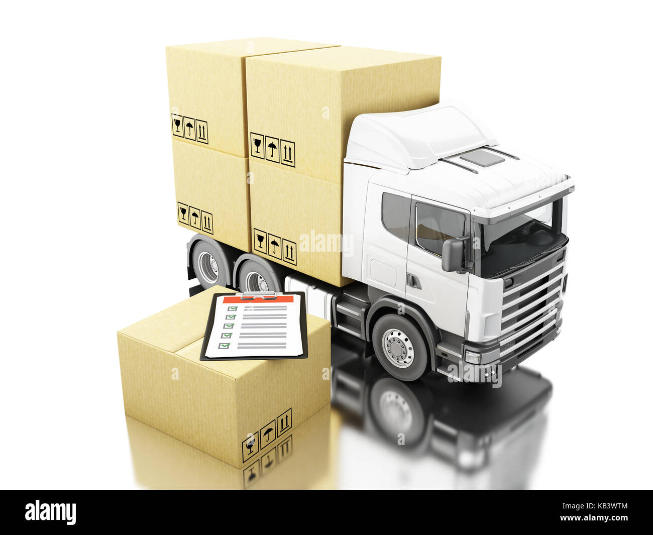 3d illustration. Truck with carboard boxes and check list. Delivery ...