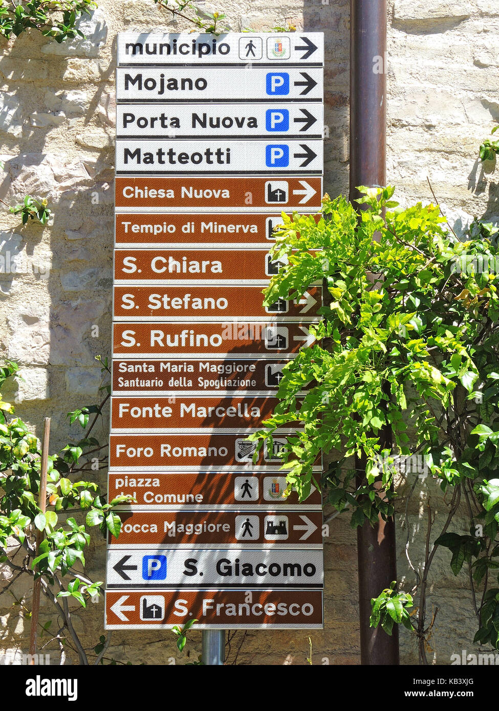 Assisi, Italy. A large number of small-scale signs showing the ...