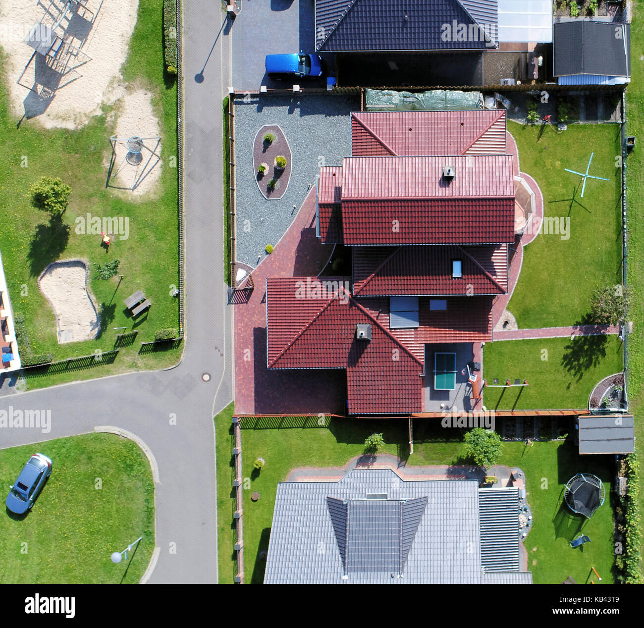Aerial photo with the drone, anew build-up plot with single houses and ...