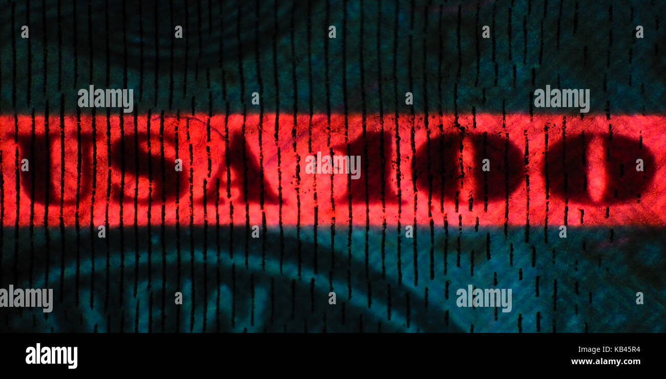 Ultraviolet light micrograph of a fluorescent security thread on US ...