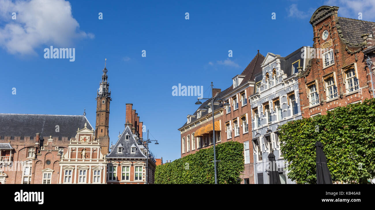 Panorama of historic buildings at the central market square of Haarlem ...