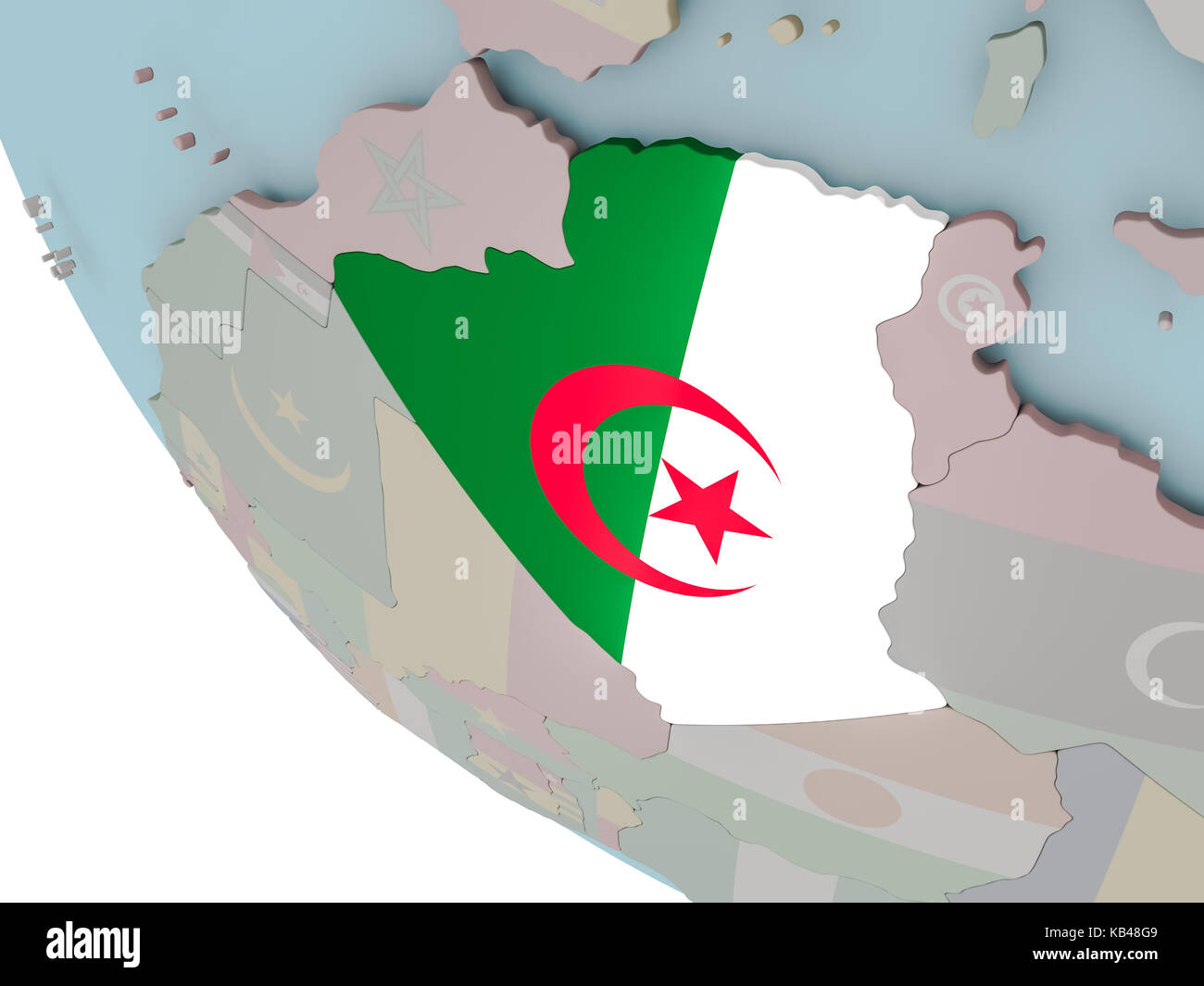 Map of Algeria on political globe with embedded flags. 3D illustration ...