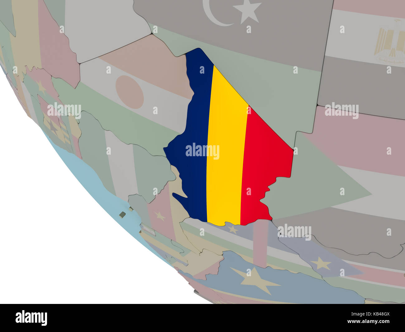 Map of Chad on political globe with embedded flags. 3D illustration ...