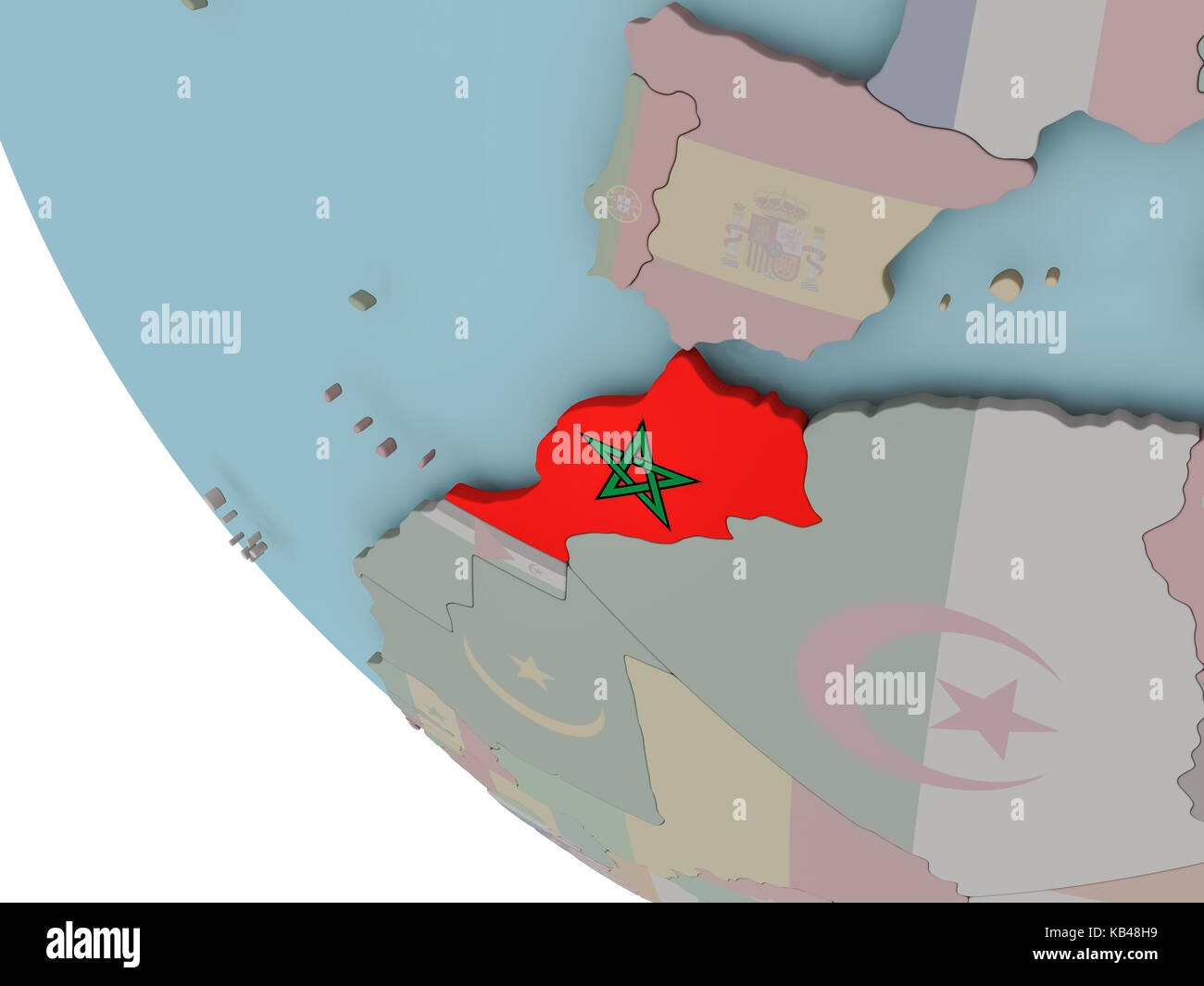 Map of Morocco on political globe with embedded flags. 3D illustration ...