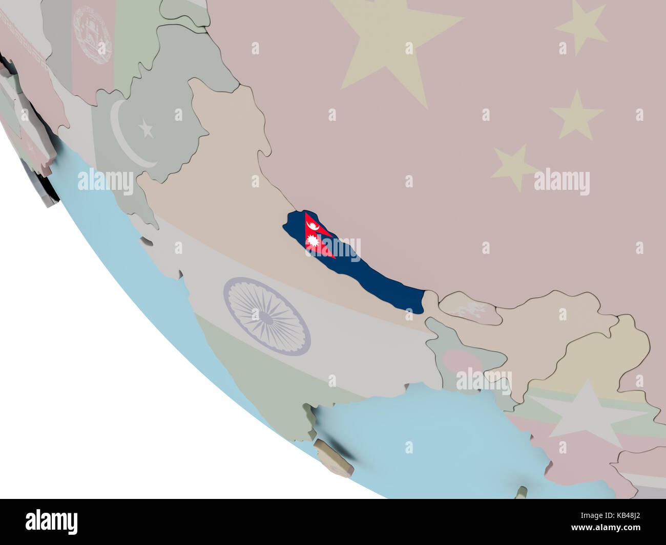 Map of Nepal on political globe with embedded flags. 3D illustration ...