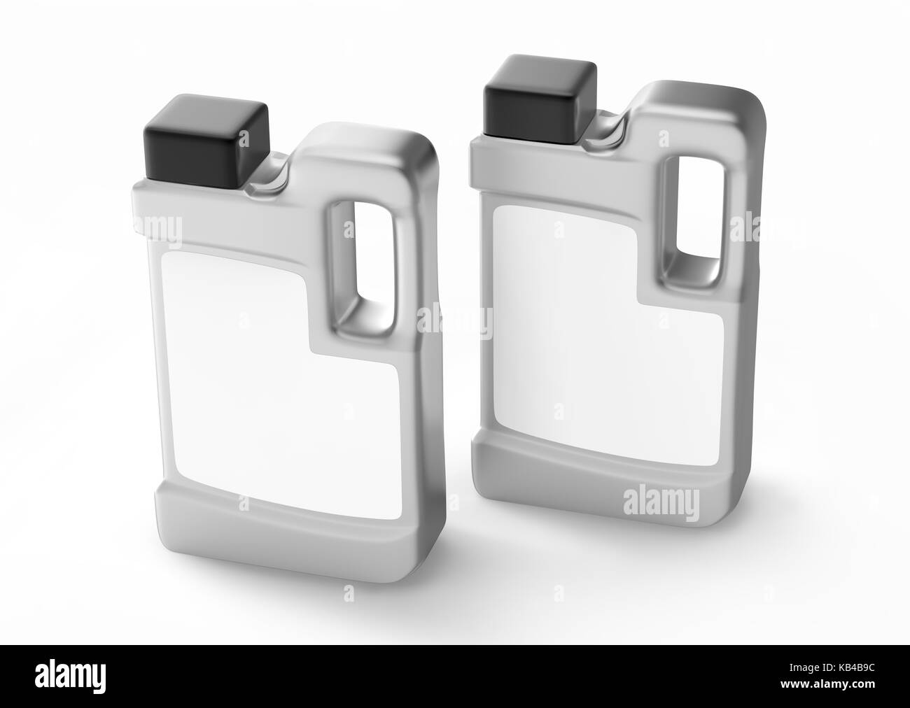 Silver motor oil container, two 3d rendering silver bottles with label ...