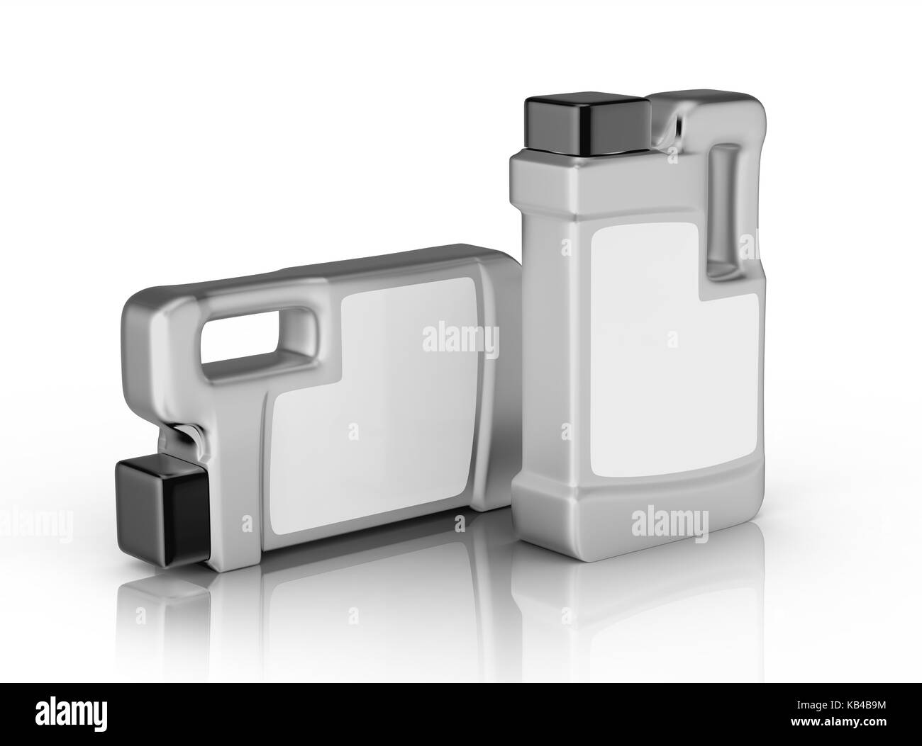 Silver motor oil container, two 3d rendering silver bottles with label ...