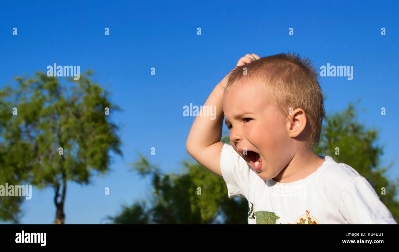Cute little boy in park shouting Stock Photo - Alamy