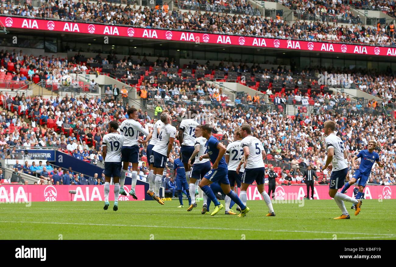 Marcos Alonso of Chelsea curses his free kick over the spurs wall to ...