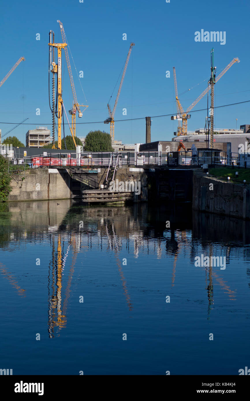 Construction building site at the Lea river canal in east London ...