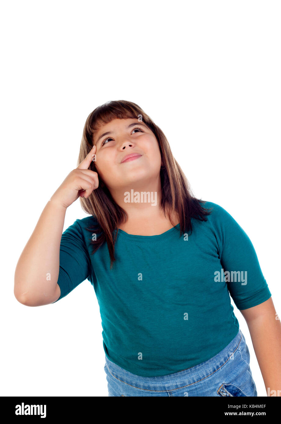 Adorable girl with eleven years old looking up isolated on a white ...