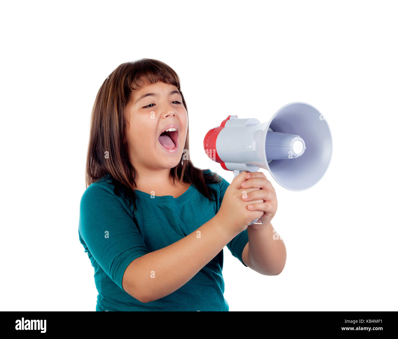 Crazy funny girl shouting through a megaphone isolated on a white ...