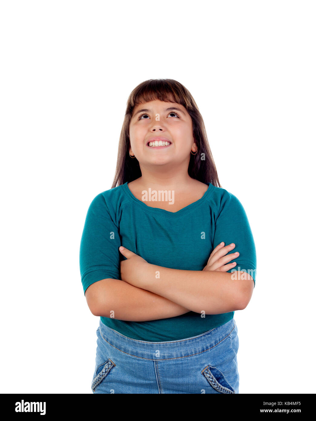 Adorable girl with eleven years old looking up isolated on a white ...