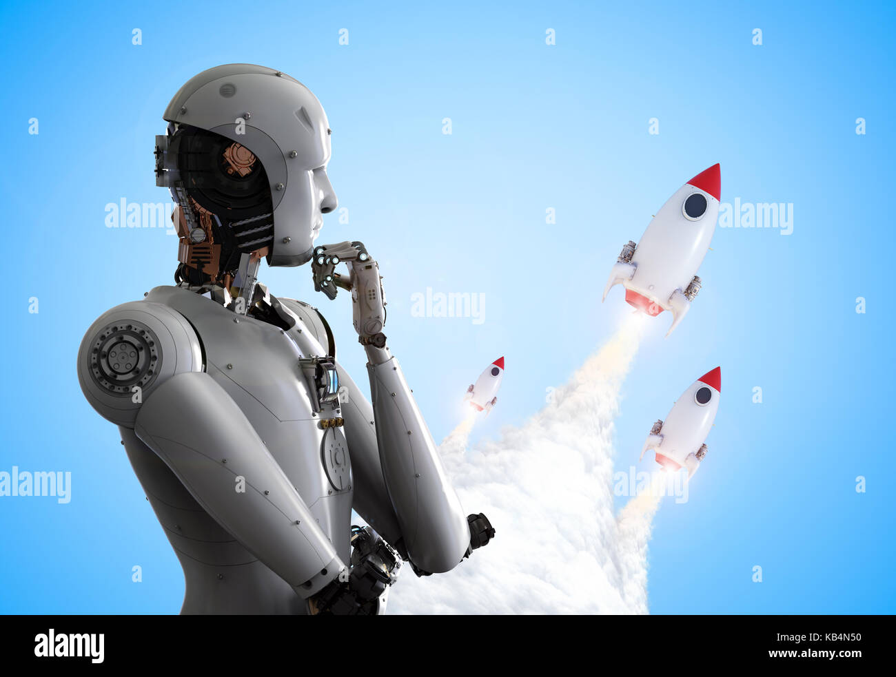 3d rendering humanoid robot with space shuttle launch Stock Photo - Alamy