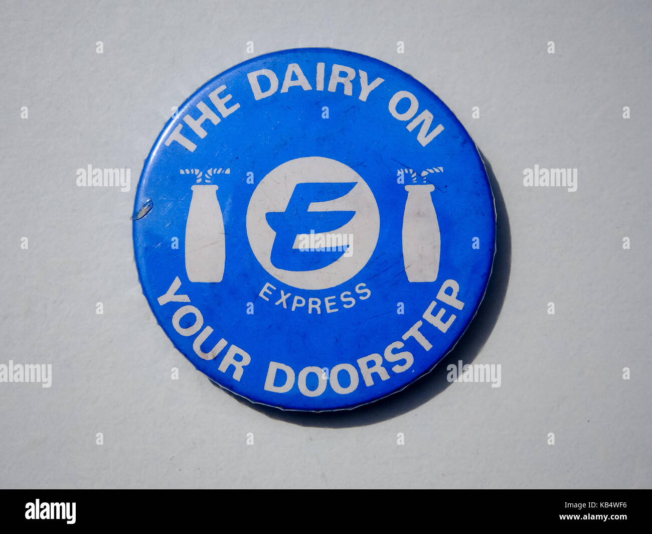 e express dairy button pin badge dated from the 1980's Stock Photo - Alamy
