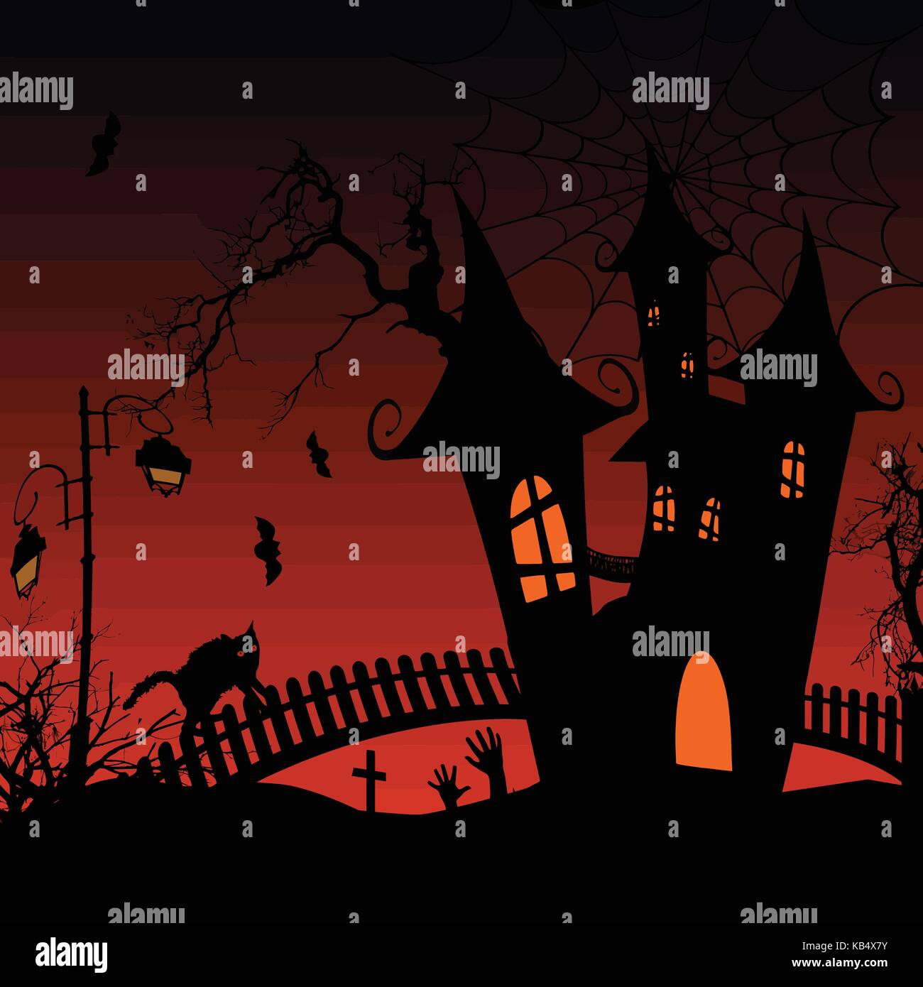 Halloween background with haunted house and bats on red night, vector ...