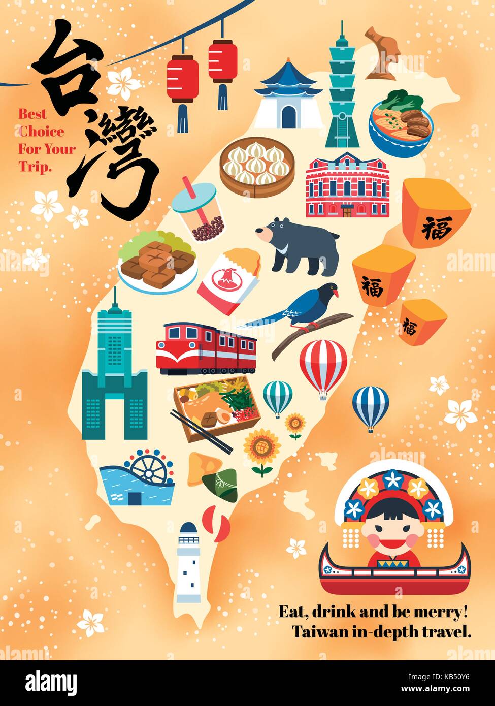 Taiwan Travel map, lovely attractions and specialties in flat design ...