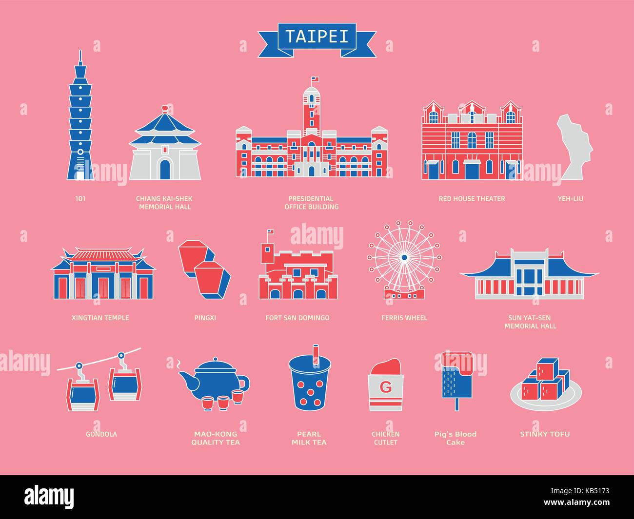 Taiwan travel symbol collection, famous architectures and specialties ...