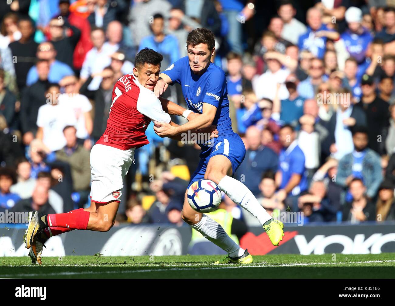 Alexis Sanchez of Arsenal battles with Andreas Christensen of Chelsea ...