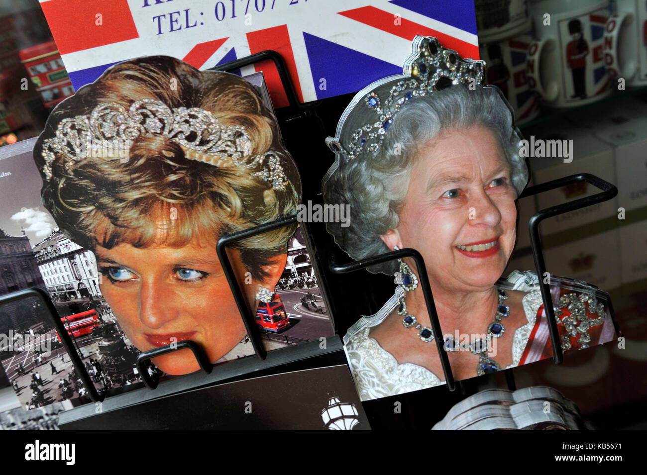 United Kingdom, London, Mayfair, postcards, Queen, Lady Di Stock Photo ...