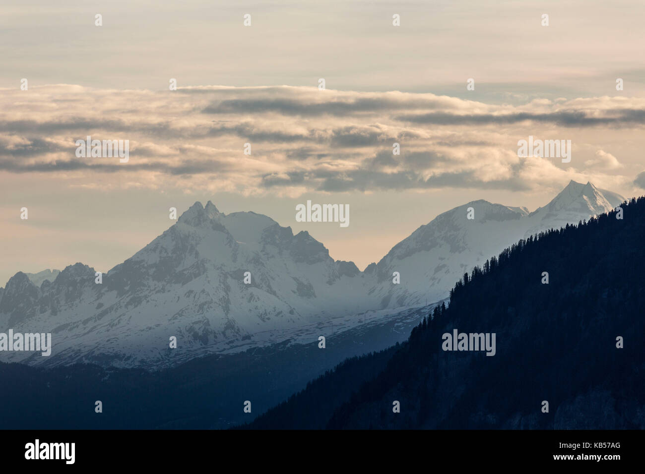 Evening mood over the Surselva region in the Swiss canton of Grisons ...