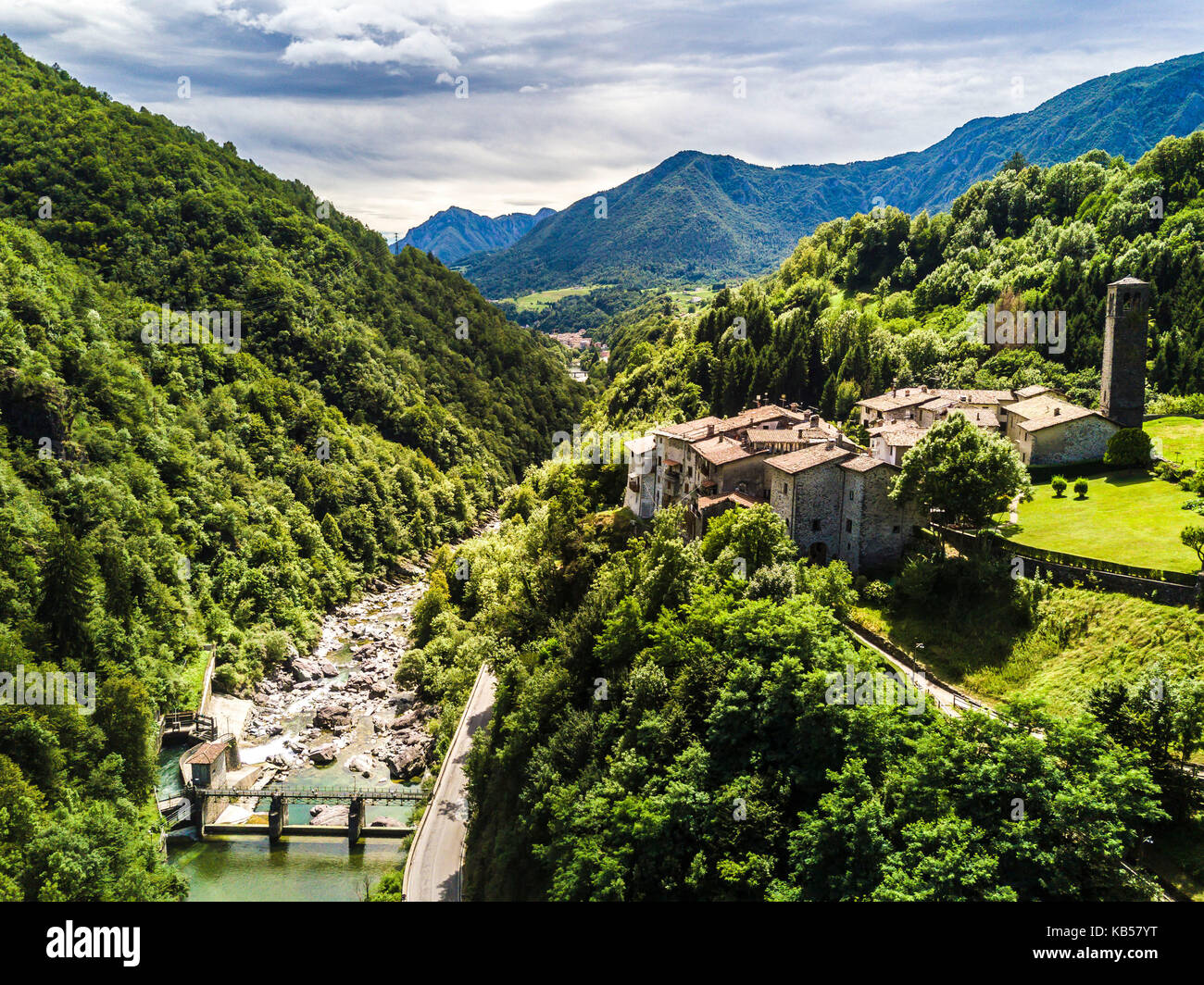Aerial view of medieval village of Cornello dei Tasso in Bergamo ...