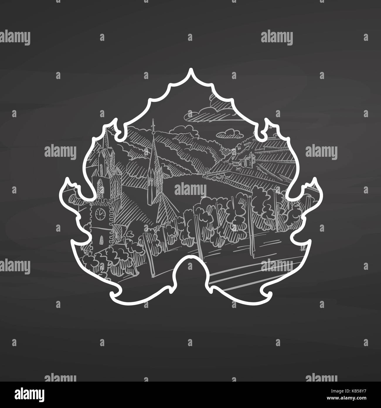 Vineyard Landscape in leaf on chalkboard. Hand drawn healthy food ...