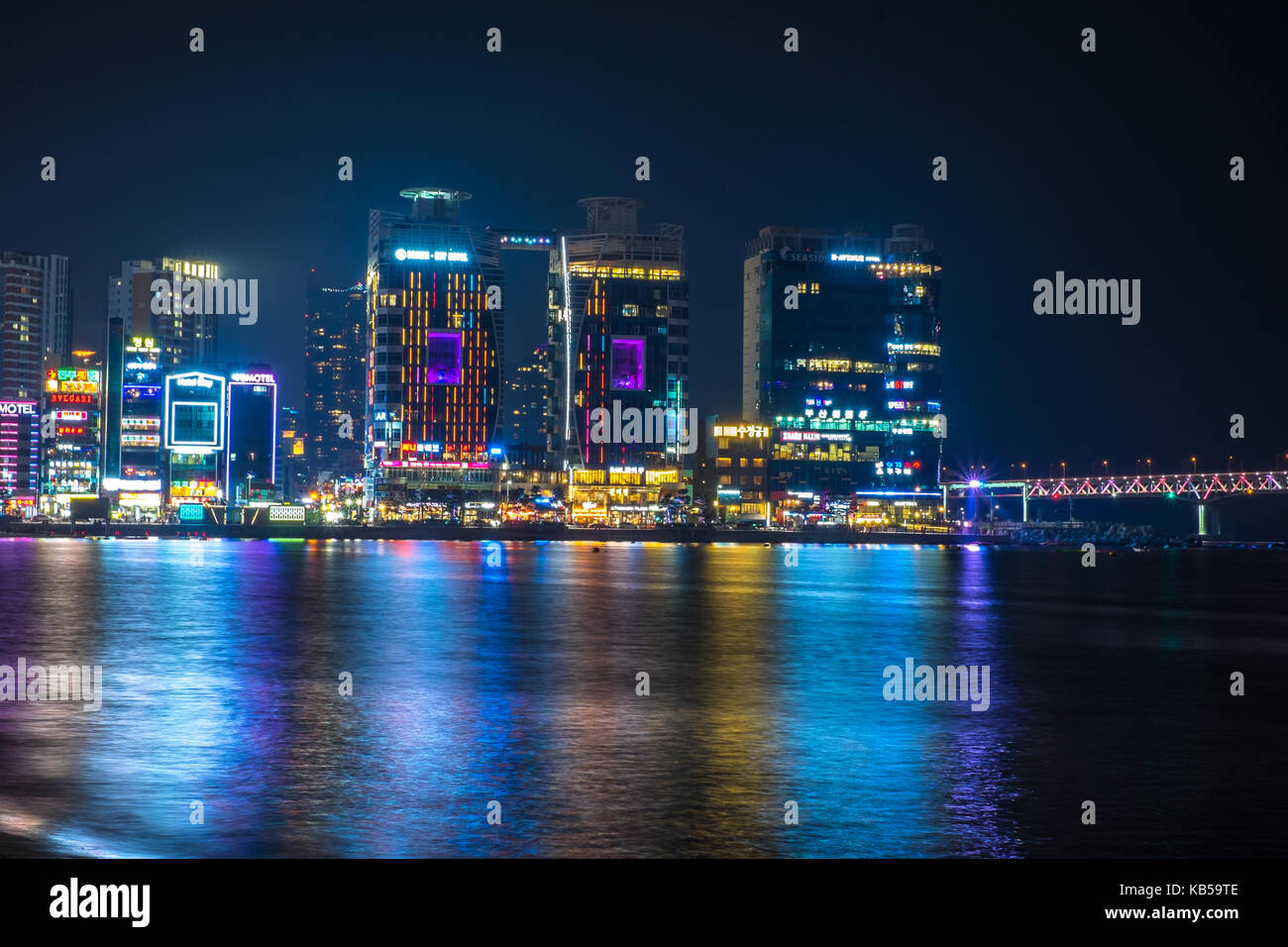 View of Gwangalli and Gwangan bridge at night in Busan city, South ...